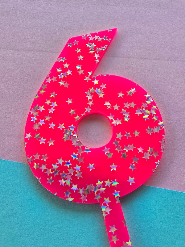 Number 6 Cake topper 9cm tall - hot pink with silver stars – Cake Topper Co
